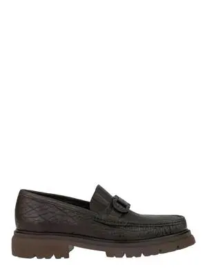 FERRAGAMO Gancini Textured-leather Loafers - Brown