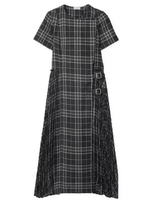 Burberry Check-print Pleated Dress With Buckle Detail - Black