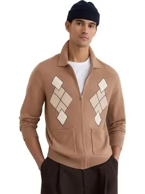 REISS Zip-Through Argyle Wool Cardigan Camel Brown