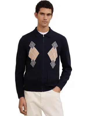 REISS Zip-Through Argyle Wool Cardigan Navy