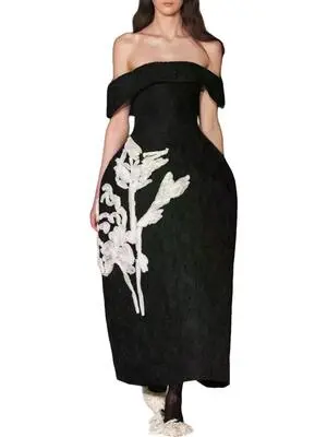 Erdem Off-shoulder Floral-embellished Dress - Black