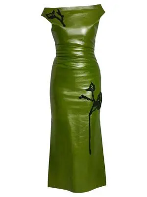 Erdem Embroidered Off-shoulder Leather Midi Dress - Green