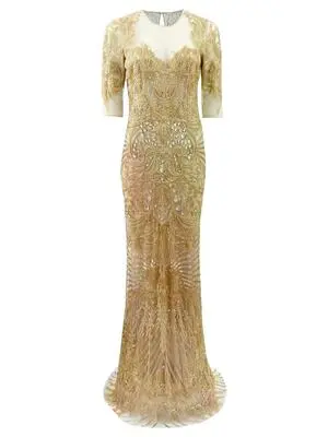 Naeem Khan Sheer-paneled Embroidered Gown - Gold