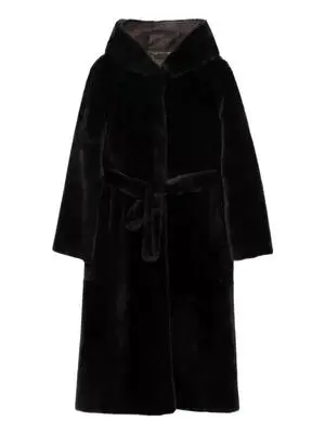 LISKA Hooded Belted Faux Fur Coat - Black