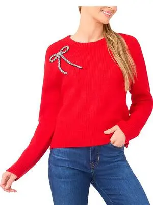 CECE DUPRAZ Oversized Bow Appliqué Sweater - Bright Cherry