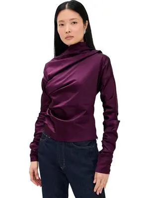 GANNI Technical Stretch Satin Ruched Top - Mauve Wine