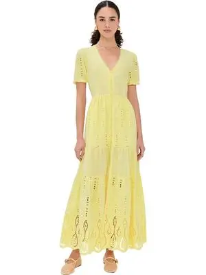 Playa Lucila Eyelet Maxi Dress With Crochet Lace Detailing - Butter Yellow