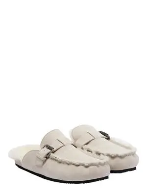 Brunello Cucinelli Monili Shearling-lined Suede Mules - Grey