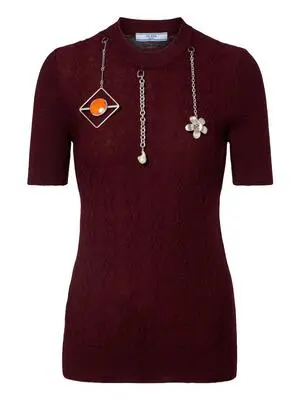 Prada Embellished Knitted Virgin Wool Top - Burgundy