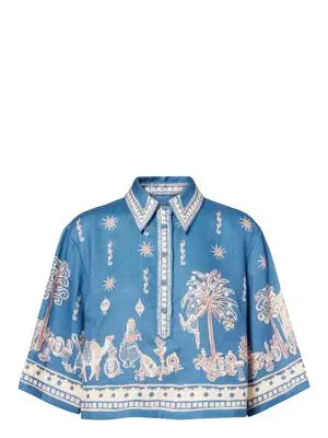 ALEMAIS Alémais Acacia Printed Cropped Linen Shirt - Blue