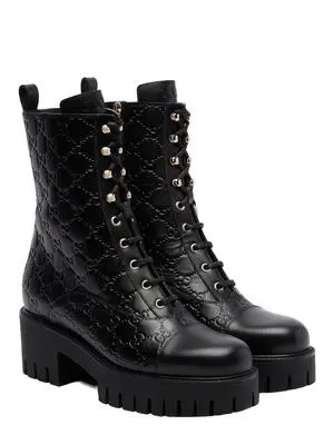 Gucci Gg Leather Lace-up Boots - Black
