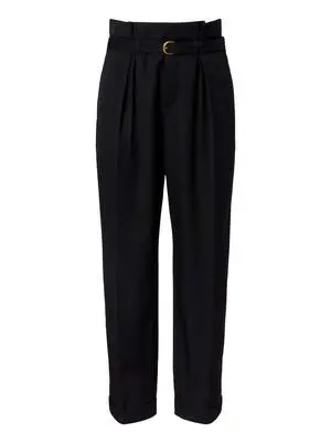 Chloé Belted Pleated Virgin Wool Tapered Pants - Black