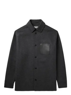 Loewe Logo-debossed Leather-trimmed Wool And Cashmere-blend Overshirt - Gray
