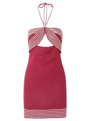 ANDRES OTALORA De Coco Embroidered Linen Halterneck Mini Dress - Burgundy