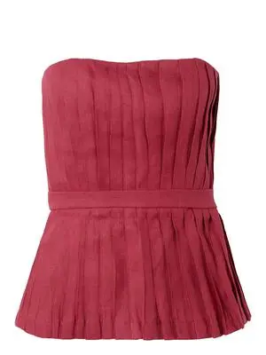 ANDRES OTALORA Encantadora Strapless Belted Pleated Linen Top - Burgundy