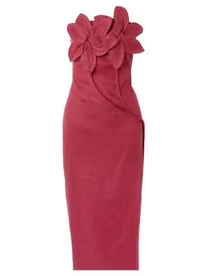 ANDRES OTALORA Florecer Strapless Appliquéd Linen Midi Dress - Burgundy