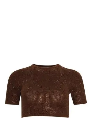 David Koma Rhinestone Embellished Cashmere Blend Wool Crop Top - Brown