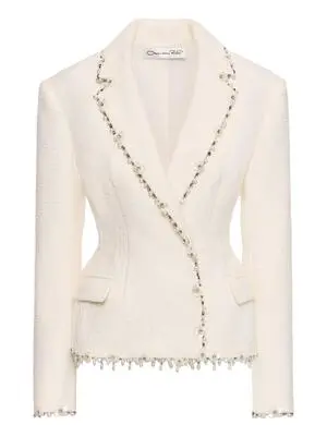 Oscar De La Renta Floral Jeweled Fringe Tweed Jacket - White
