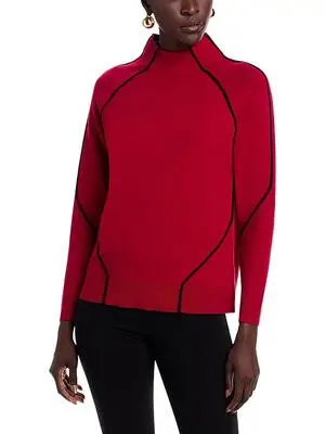 T Tahari Long Sleeve Funnel Neck Contrast Tubular Sweater - Red Point/ Black