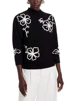 T Tahari Long Dolman Sleeve Mock Neck Sweater - Black/ White