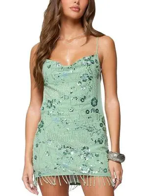 EDIKTED Embellished Fringed Backless Mini Dress - Sage