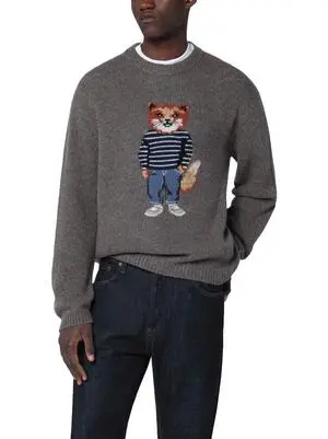 Maison Kitsuné Mélange Sweater With Fox Intarsia - Grey