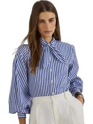 Ralph Lauren Striped Cotton Broadcloth Tie-neck Shirt - Blue/white