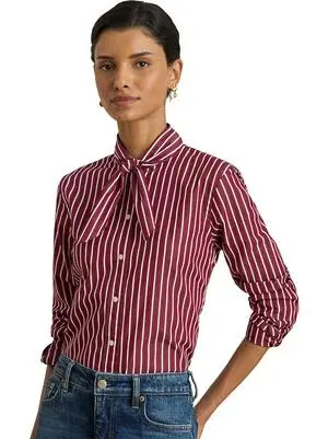 Ralph Lauren Striped Cotton Broadcloth Tie-neck Shirt - Burgandy/white Multi