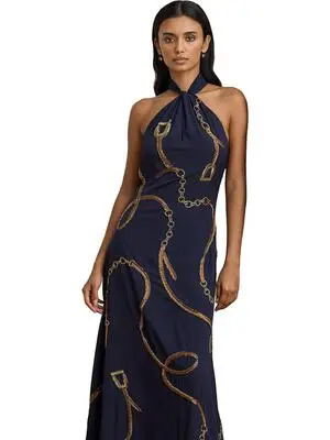 Ralph Lauren Belting-motif Sequined Crepe Halter Gown - Navy Multi