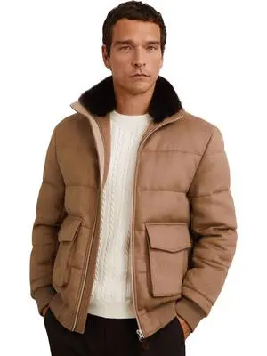 REISS Faux-fur Collar Quilted Puffer Jacket - Light Brown
