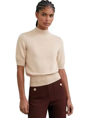 REISS Aria Cotton And Wool Funnel-neck Knit Top - Neutral