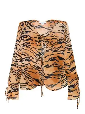 NEVER FULLY DRESSED Animal Print Tie Blouse - Orange
