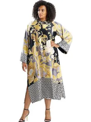 Natori Printed Charmeuse Zip Caftan - Black