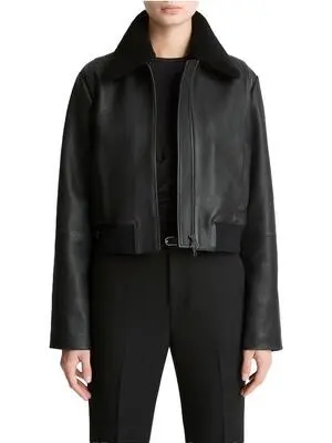 Vince Shearling-trim Shrunken Leather Jacket - Black