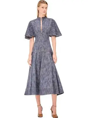 Alexis Flounced Sleeve Zip-front Midi Dress - Denim