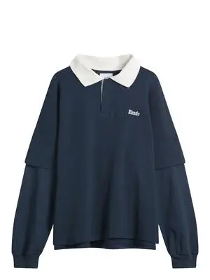 Rhude Striped Layered Long Sleeve Pique Polo - Dark Navy/white