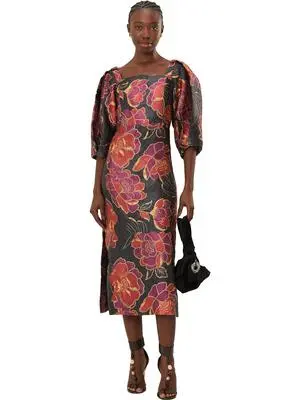 Farm Rio Floral-print Short Sleeve Midi Dress - Shiny Chita Black