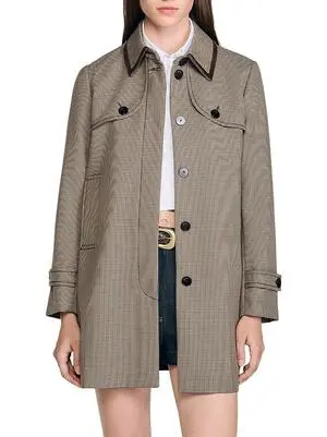 Sandro Houndstooth Trench Coat - Brown/ Beige