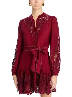 Farm Rio Long Sleeve Lace Detail Mini Dress - Burgundy