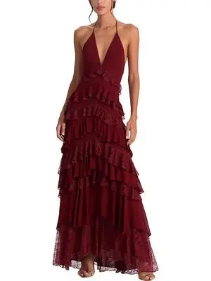 Alice + Olivia Liana V-neck Ruffle Maxi Dress - Oxblood