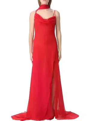 Blumarine Georgette Cowl-neck Side-slit Maxi Dress - Red