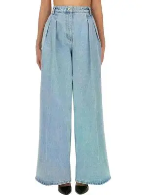 Nina Ricci Pleated Wide Leg Denim Trousers - Blue