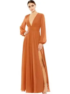 Mac Duggal V-neck Illusion Long Sleeve Chiffon Gown - Brown