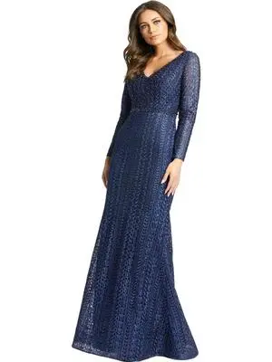 Mac Duggal Embroidered Long Sleeve V-neck Trumpet Gown - Navy