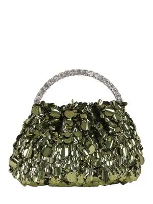 Badgley Mischka Holly Crinkle Sequin Pouch Clutch With Crystal Handle - Green