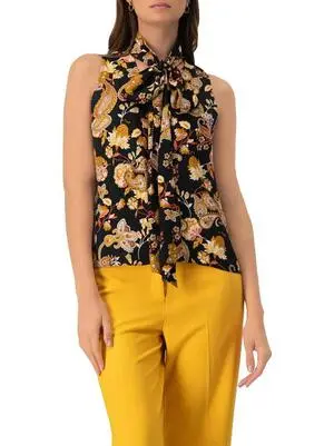IVONNE Printed V-neck Sleeveless Blouse With Neck Ties - Multicolor