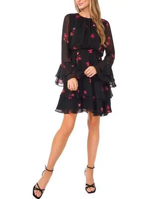 CECE DUPRAZ Floral Ruffle Long Sleeve Chiffon Dress - Rich Black