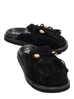 FOREVER & ALWAYS SHOES Carol Tassel Leather Mule - Black Suede Leather