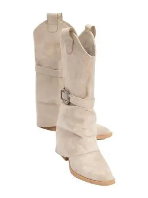 PROLOGUE SHOES Okus Buckle Block Heel Boot - Beige Suede Faux Leather