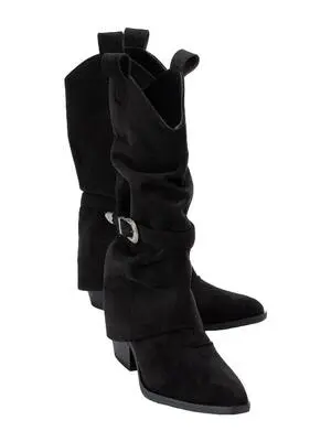 PROLOGUE SHOES Okus Buckle Block Heel Boot - Black Suede Faux Leather